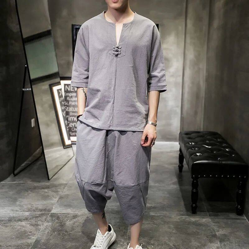 VANAQ short sleeve linen suit men's Tang suit youth Zhongshan suit Zen ...