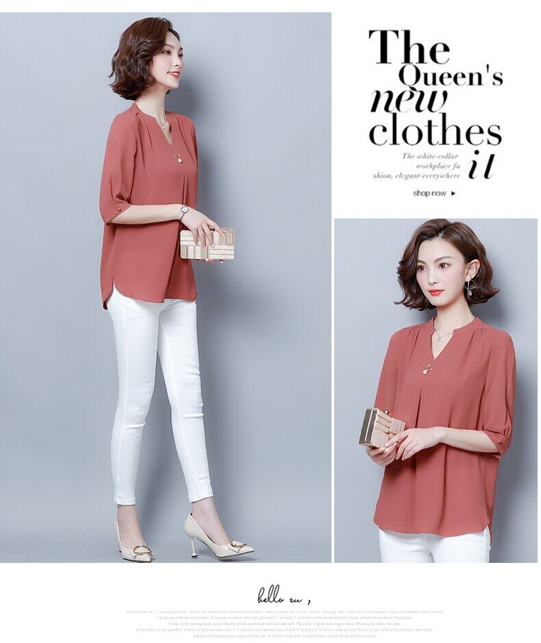 2020 ฤดูร้อนแฟชั่นใหม่ผู้หญิงท็อปส์และเสื้อ 3/4 แขนเสื้อชีฟองคอวีสบายๆเลดี้ขนาดบวก L ~ 5XL หลวม ...