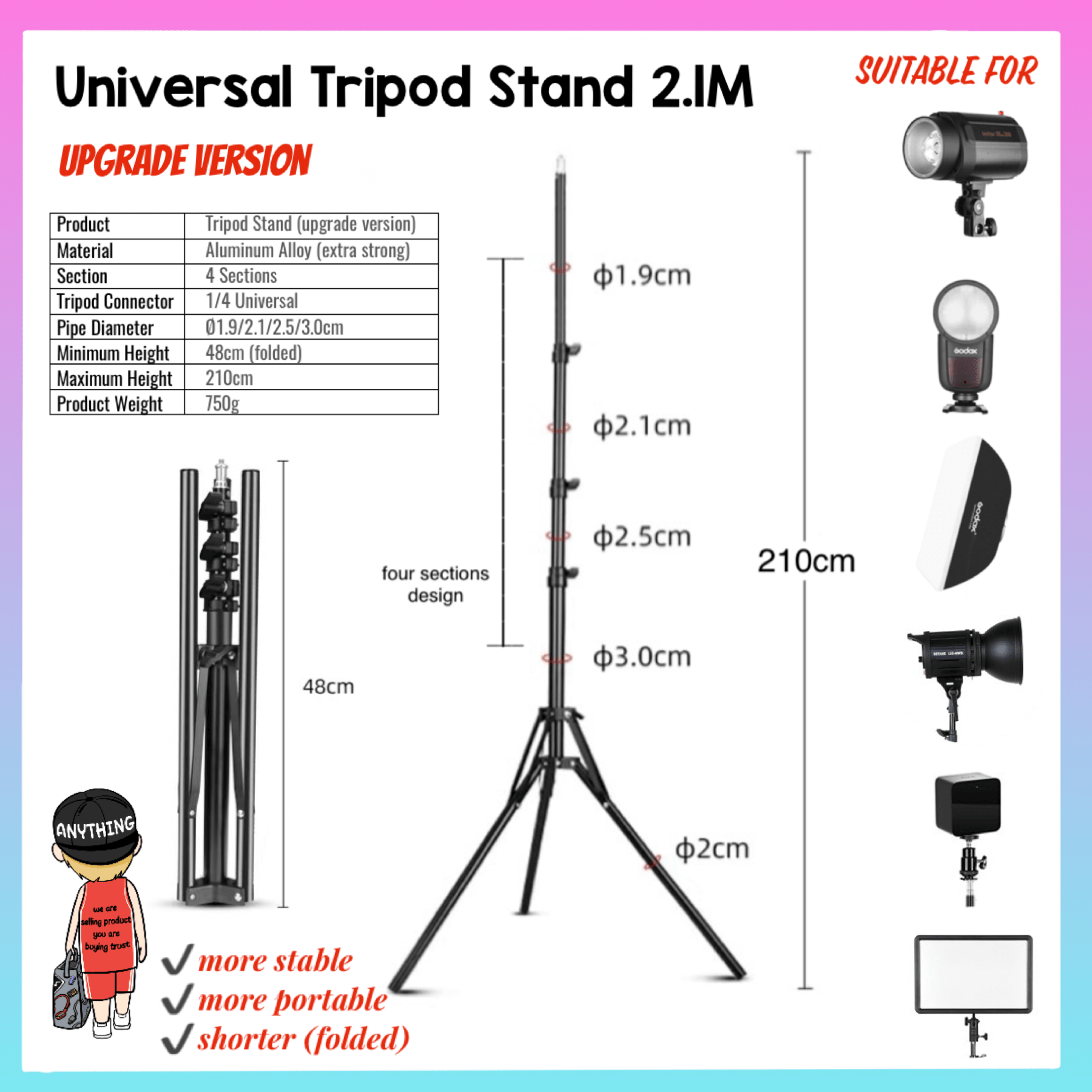 Tripod Stand 2.1m Professional Adjustable Light Stand Tripod With 1/4 ...