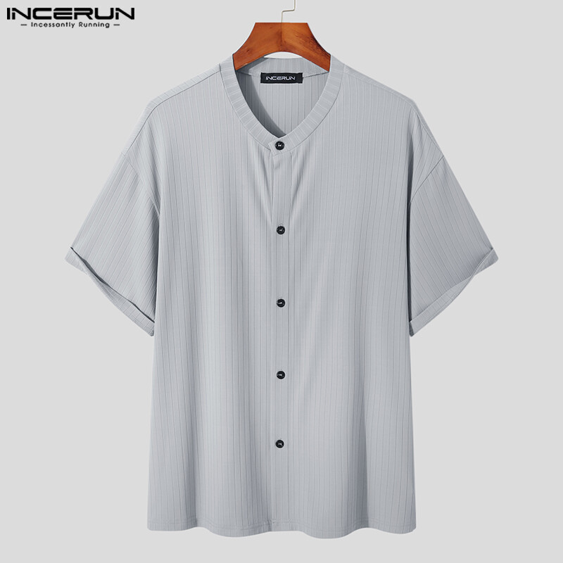 [Perfectly] INCERUN Mens Knit Short Sleeve Button Up Collarless Fit ...