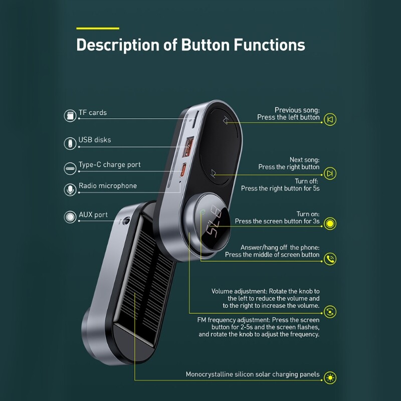 Solar Car FM Transmitter Bluetooth-Compatible 5.0 Car Kit Wireless ...