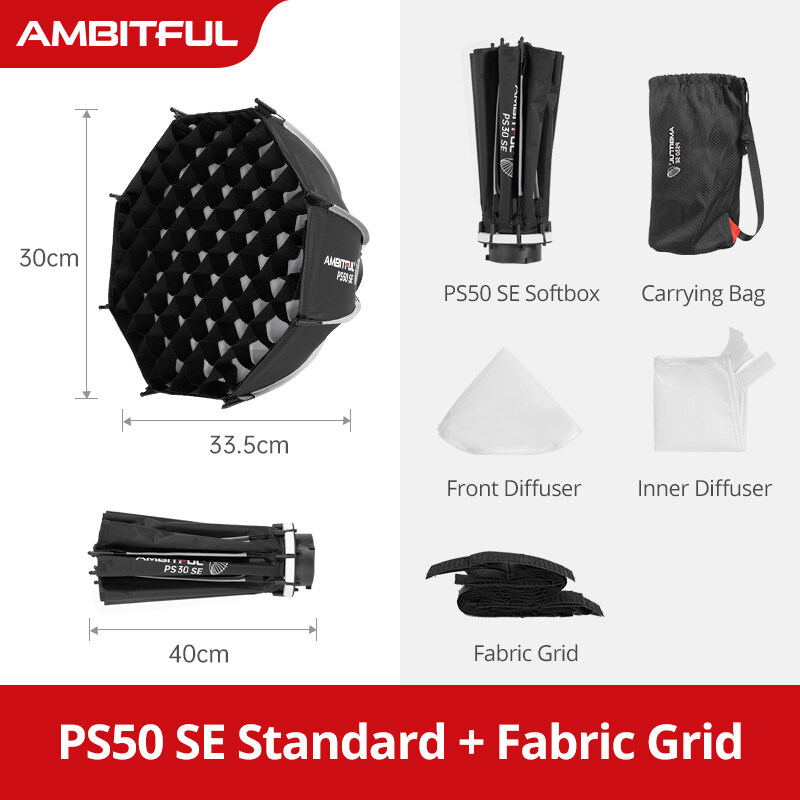 AMBITFUL 30cm 50cm Quick Release Parabolic Softbox Bowens Mount Softbox + Honeycomb Grid Quick ...