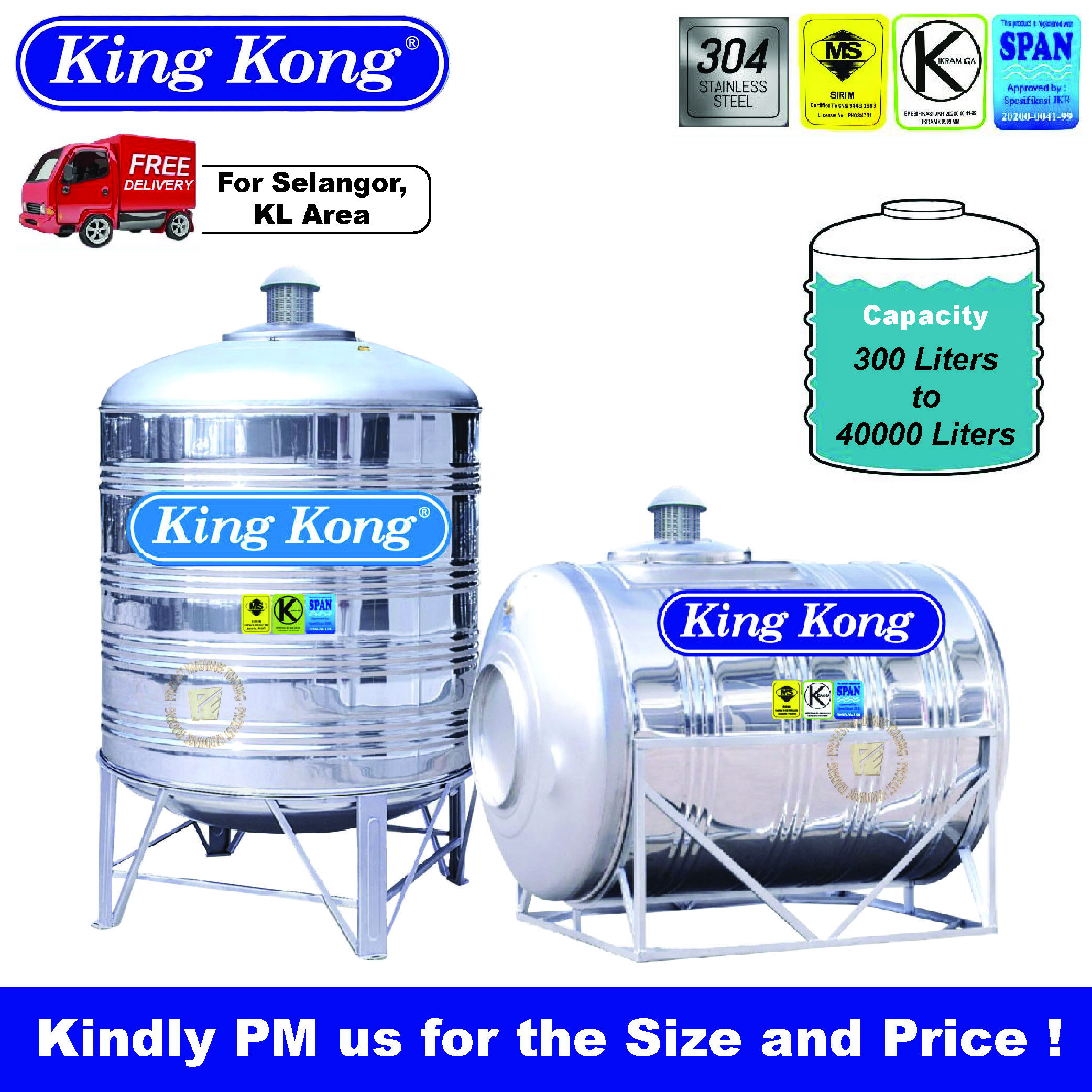 King Kong Stainless Steel Water Tank (300 to 40000 Liters ) | Lazada