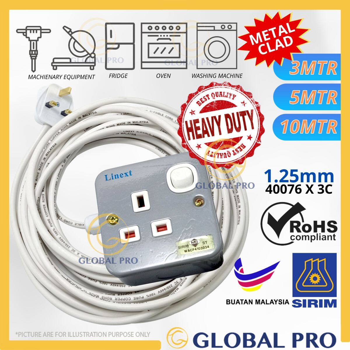 3M/ 5M /10M 1WAY x 13amp Metal Clad Heavy Duty Portable Socket Extension Trailing Socket Metal ...