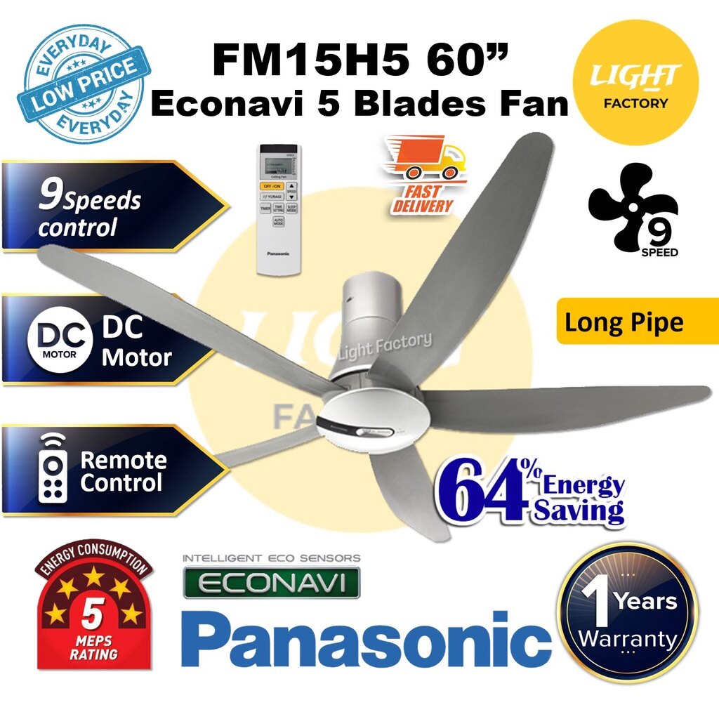 PANASONIC ECONAVI Series FM15H5 60" 5 Blades Short/Long Pipe DC Ceiling ...