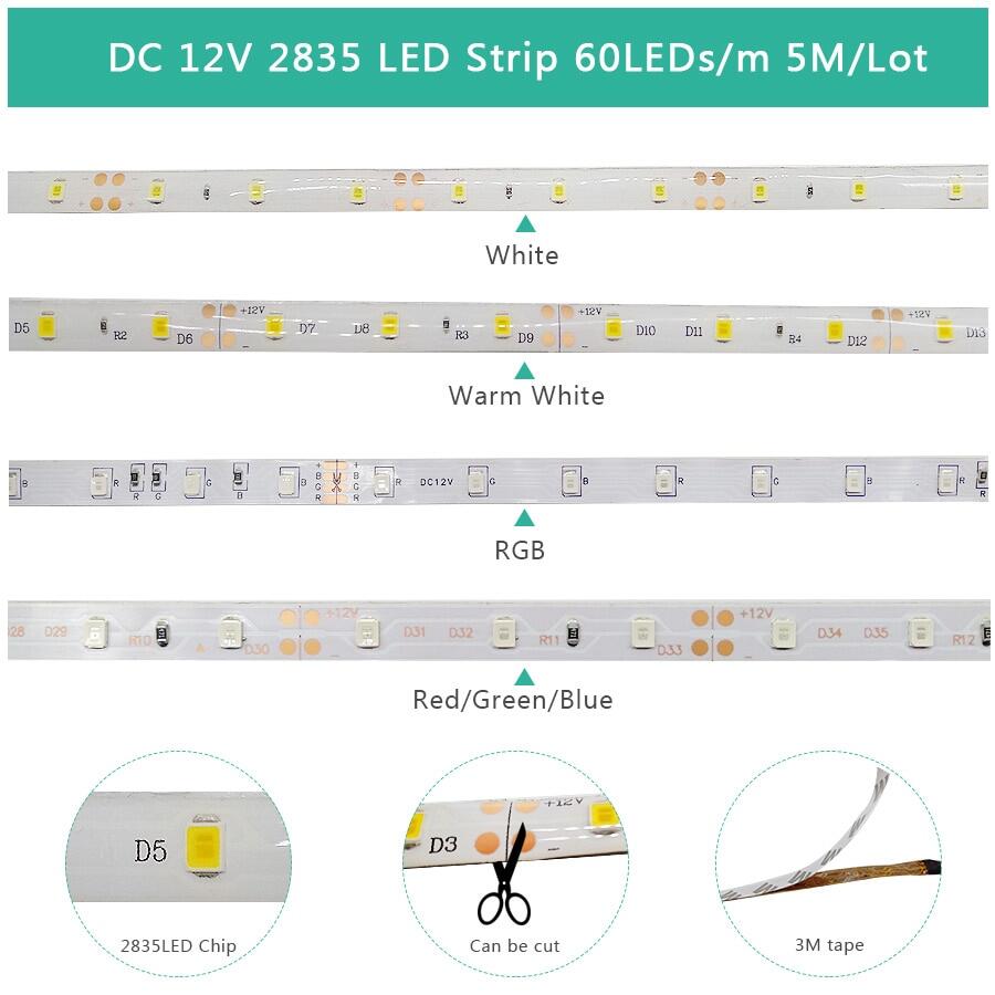 5M Led Strip 5050 2835 Rgb เทป12V แสงสีขาวกันน้ำสำหรับตกแต่งห้องห้อง ...