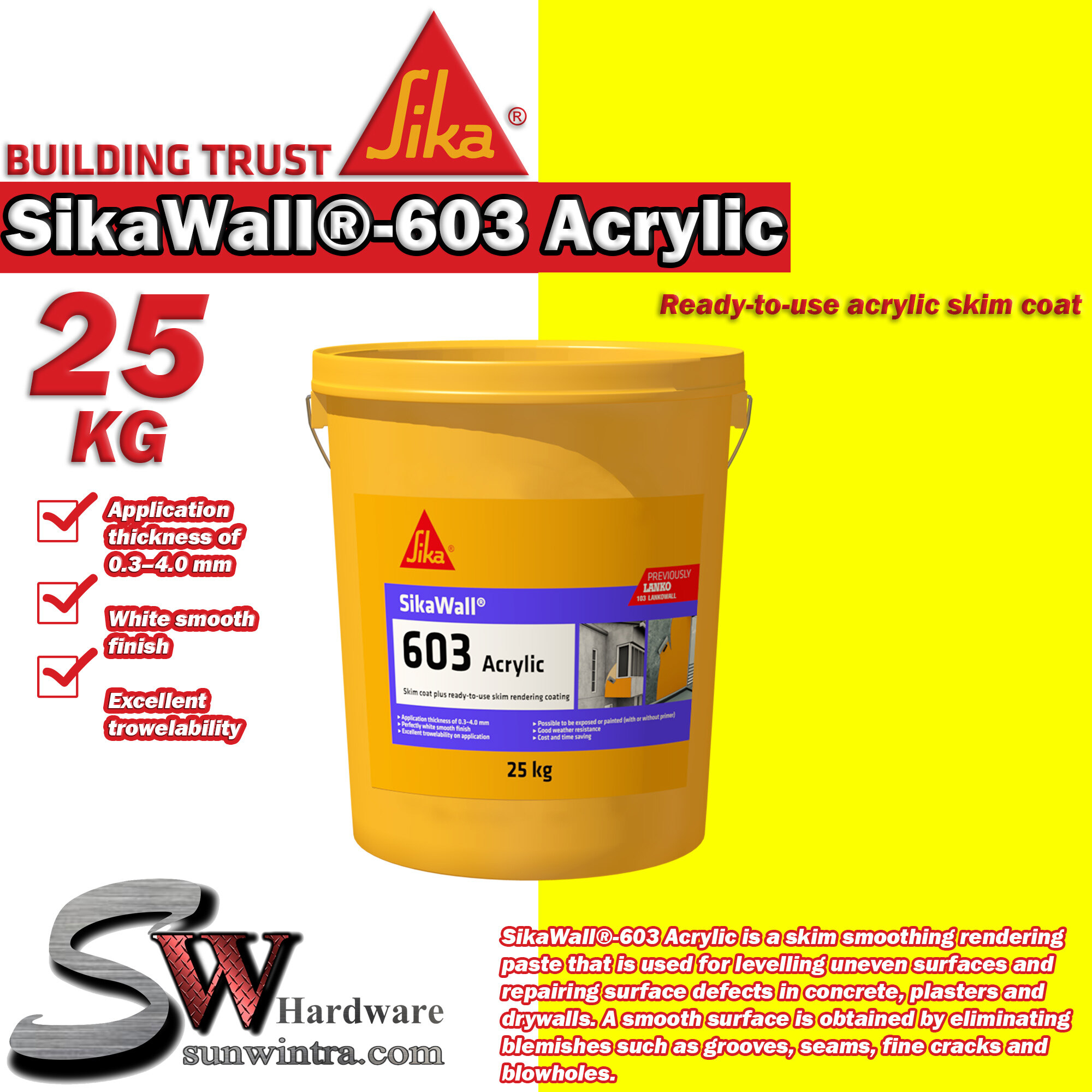 SIKA 25Kg SikaWall - 603 Acrylic Ready-to-use acrylic skim coat Sika ...