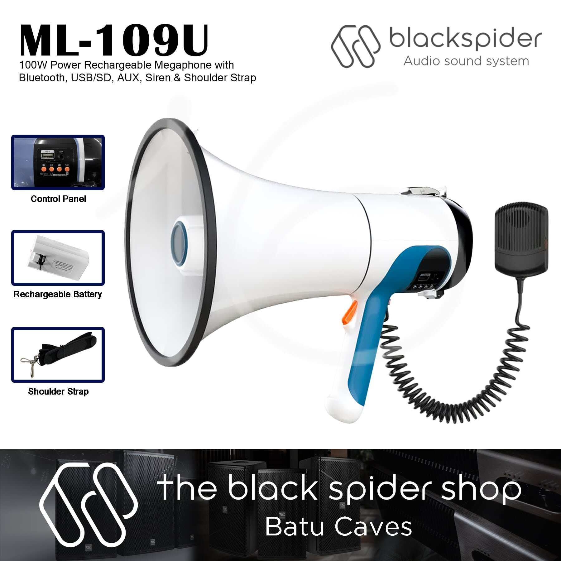 Black Spider ML-109U Rechargeable Power Megaphone Loud Hailer with ...