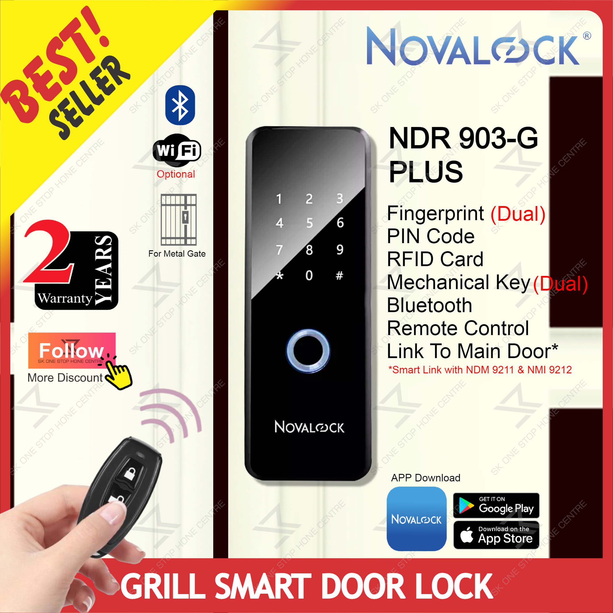 Novalock NDR 903-G Plus Grill Smart Bluetooth WiFi Door Lock / Dual Fingerprint, Dual Mechanical ...
