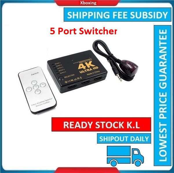 5Port 4K HDMI Switch Selector Splitter with Remote Control IR Receiver ...