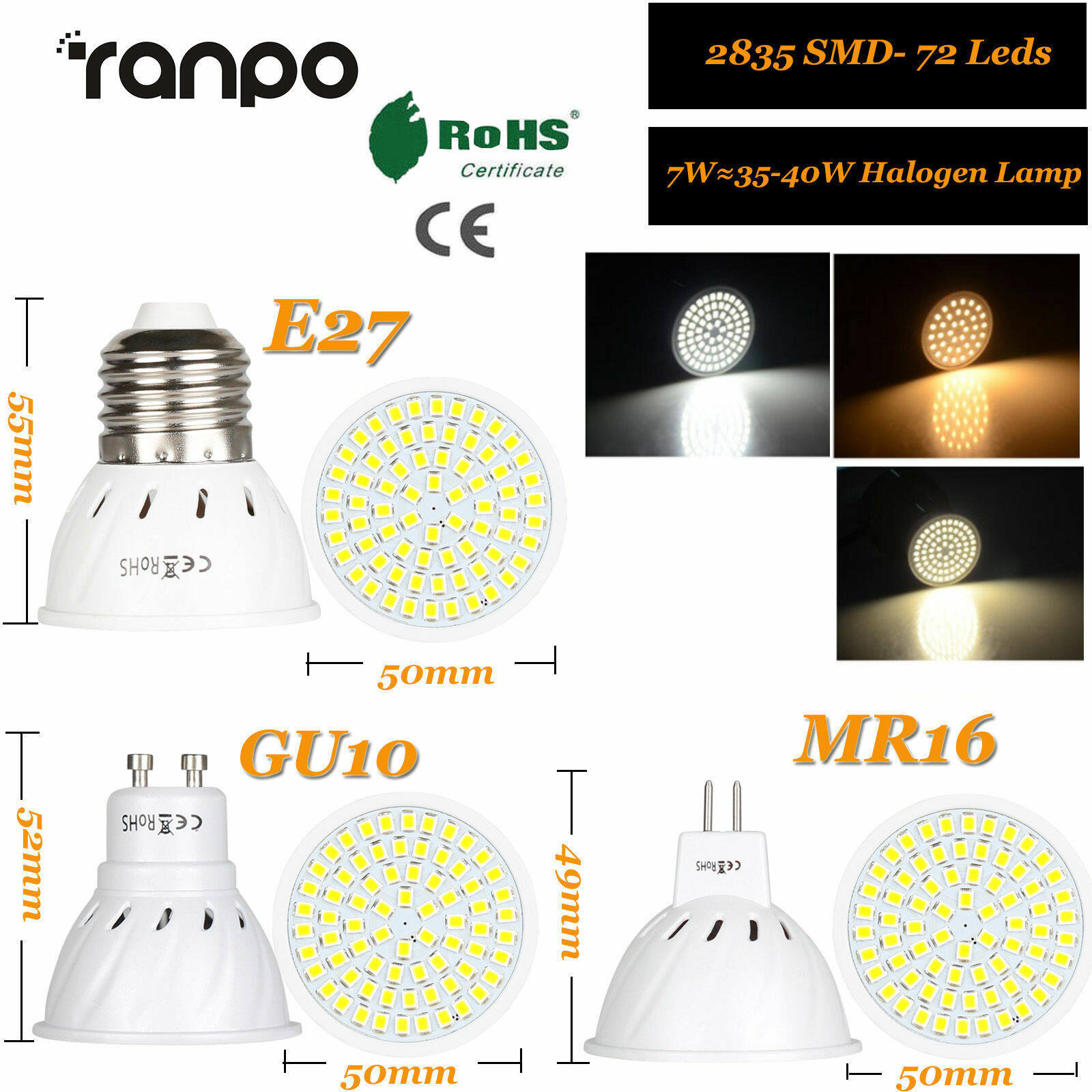 Ranpo E27 GU10 MR16 LED ไฟเฉพาะจุด3W 5W 7W 2835 SMD หลอดไฟสีขาว36/54/72LEDs AC 220V Rp0304 ...