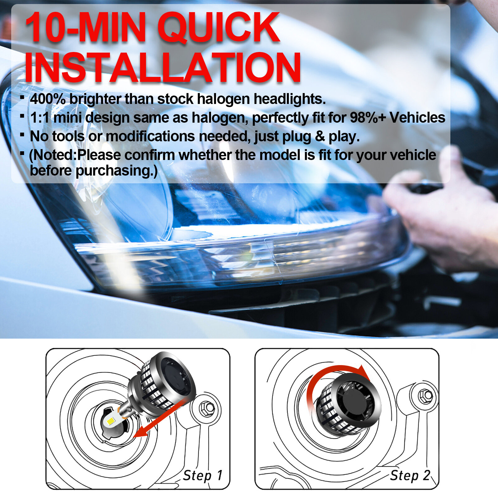 CarTnT 1คู่ไฟหน้ารถ Super Bright หลอดไฟ H4 H11 H7 H1 H3 9012 HIR2 Led 100W 20000LM 6500K Led ...