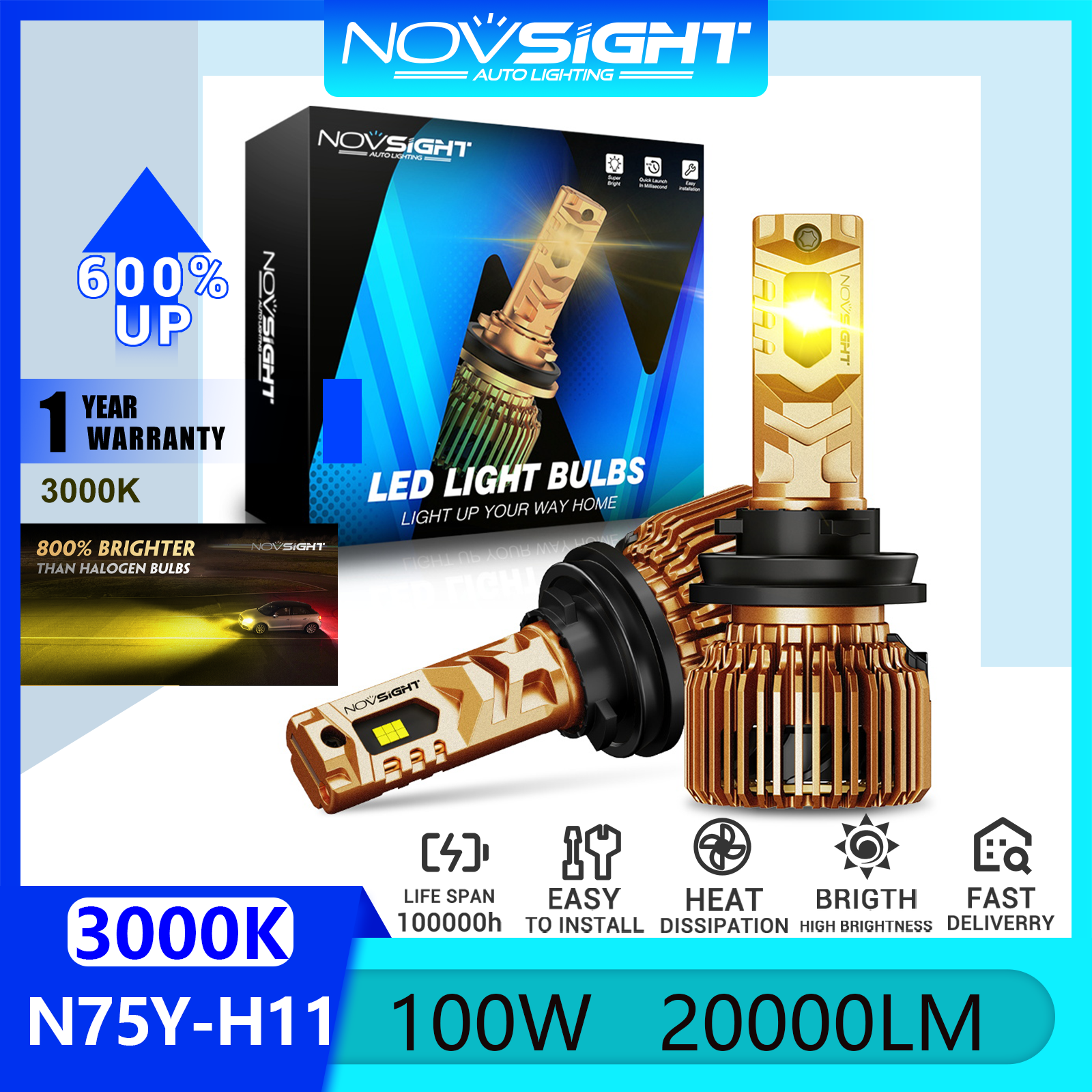 Novsight Golden Light N75Y LED Car Headlight Bulb Kit H11 LED Light for ...