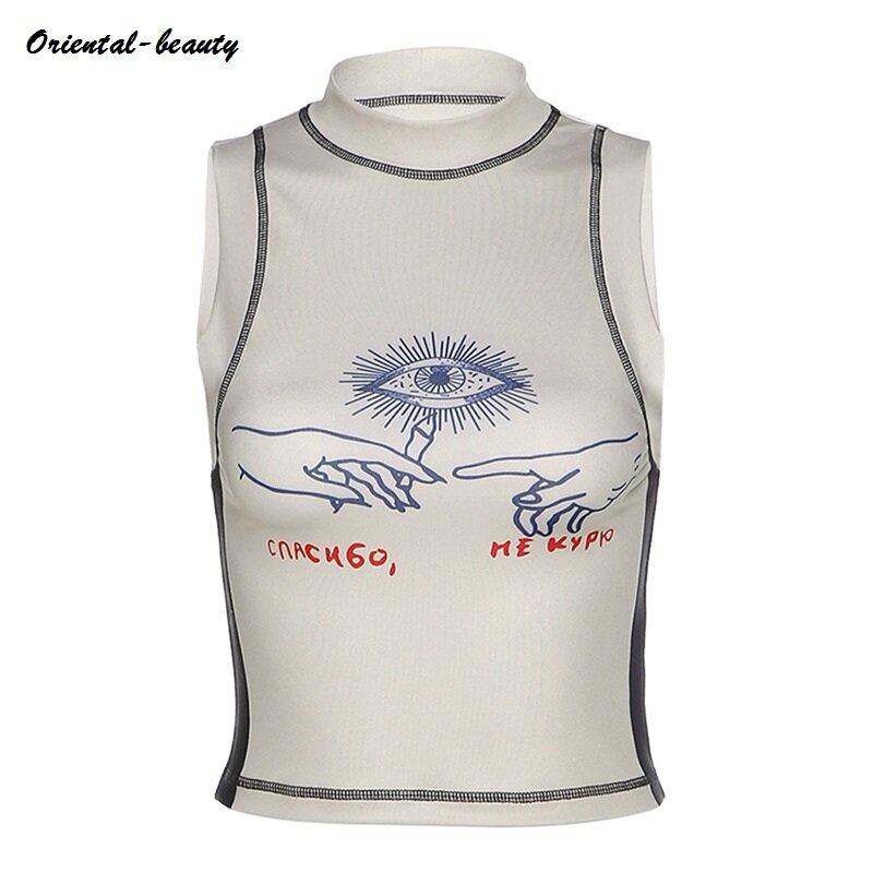 ♡Oriental-Beauty Chic Cargo Tank Tops นิ้วมือตาพิมพ์ครึ่งแขนกุดคอสูง ...