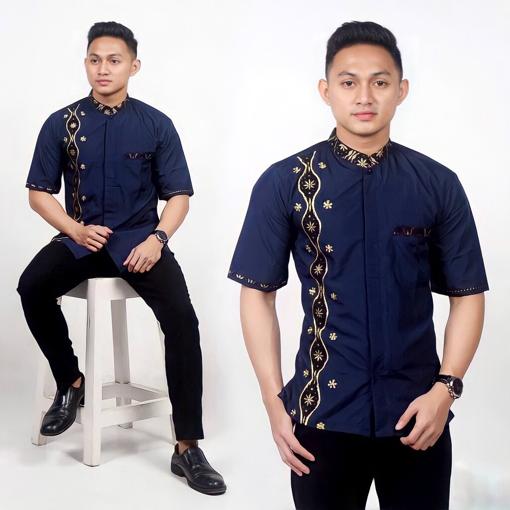 KEMEJA BATIK SULAM BIRU (NAVY BLUE) | Lazada
