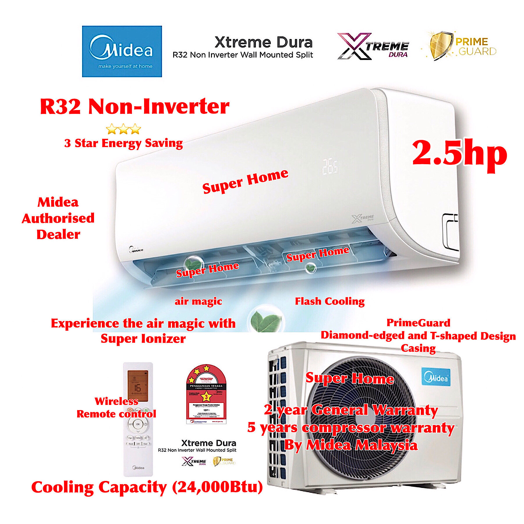 Midea 2.5hp Non Inverter Aircond R32 Xtreme Dura MSXD-24CRN8 Super ionizer Wall Mounted Split ...