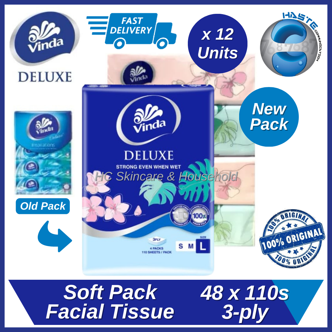 Vinda Deluxe Soft Pack Facial Tissue Large 3ply - (4 x 110's) x 12 ...