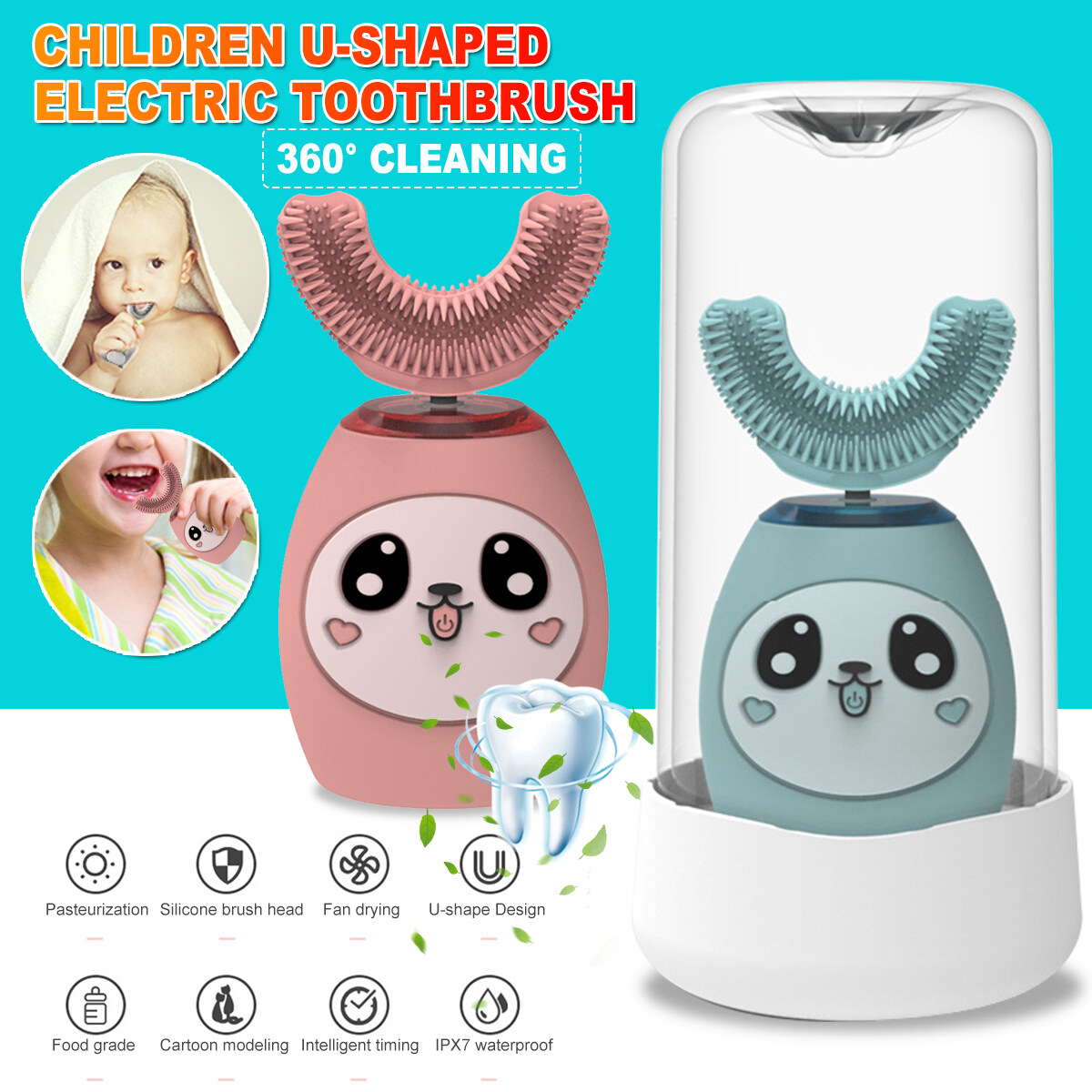 3 Speed Children Electric Toothbrush U Shape For 2-15 Years old Kids ...