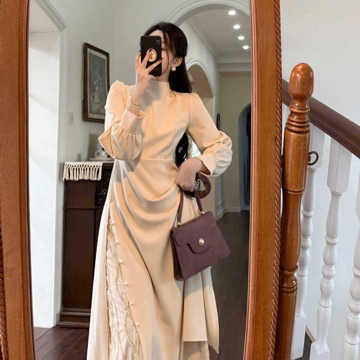 Coconie เดรสผู้หญิงทรงหลวมสไตล์เกาหลีมาใหม่ชุดเดรสยาวเอวนุ่มย้อนยุค ...