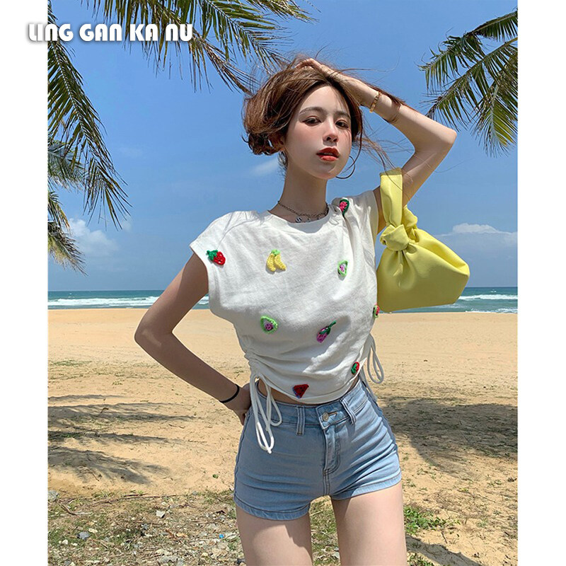 LING GAN KA NU เสื้อครอปไอจี 2022 ฤดูร้อนใหม่เกาหลีแฟชั่นผู้หญิงเย็บปัก ...