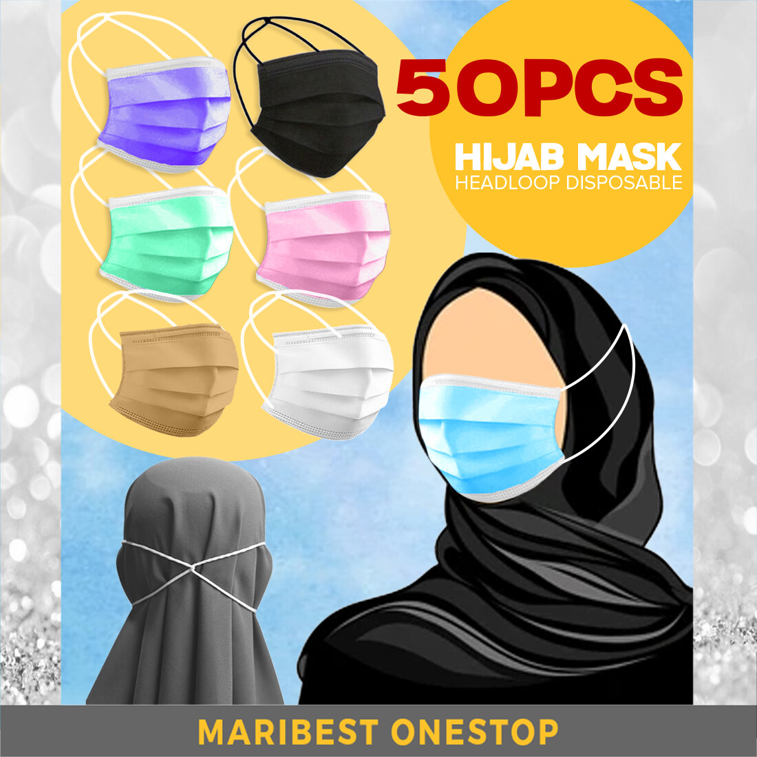 50PCS ADULT HIJAB FACE MASK HEADLOOP TUDUNG 3 PLY DISPOSABLE MASK MURAH ...