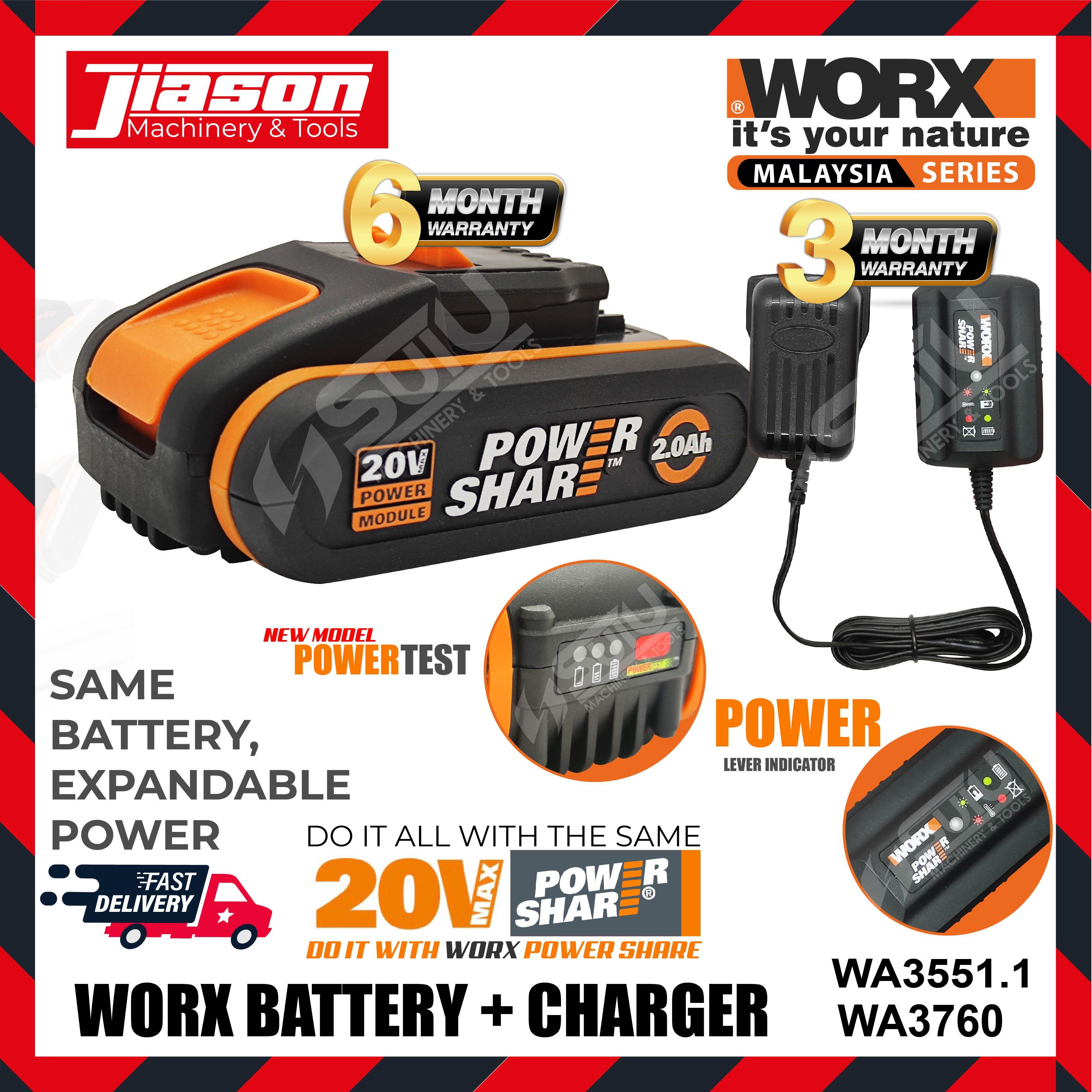 WORX WA3551.1 20V MAX 2.0AH Lithium Battery - With Indicator + WA3760 ...
