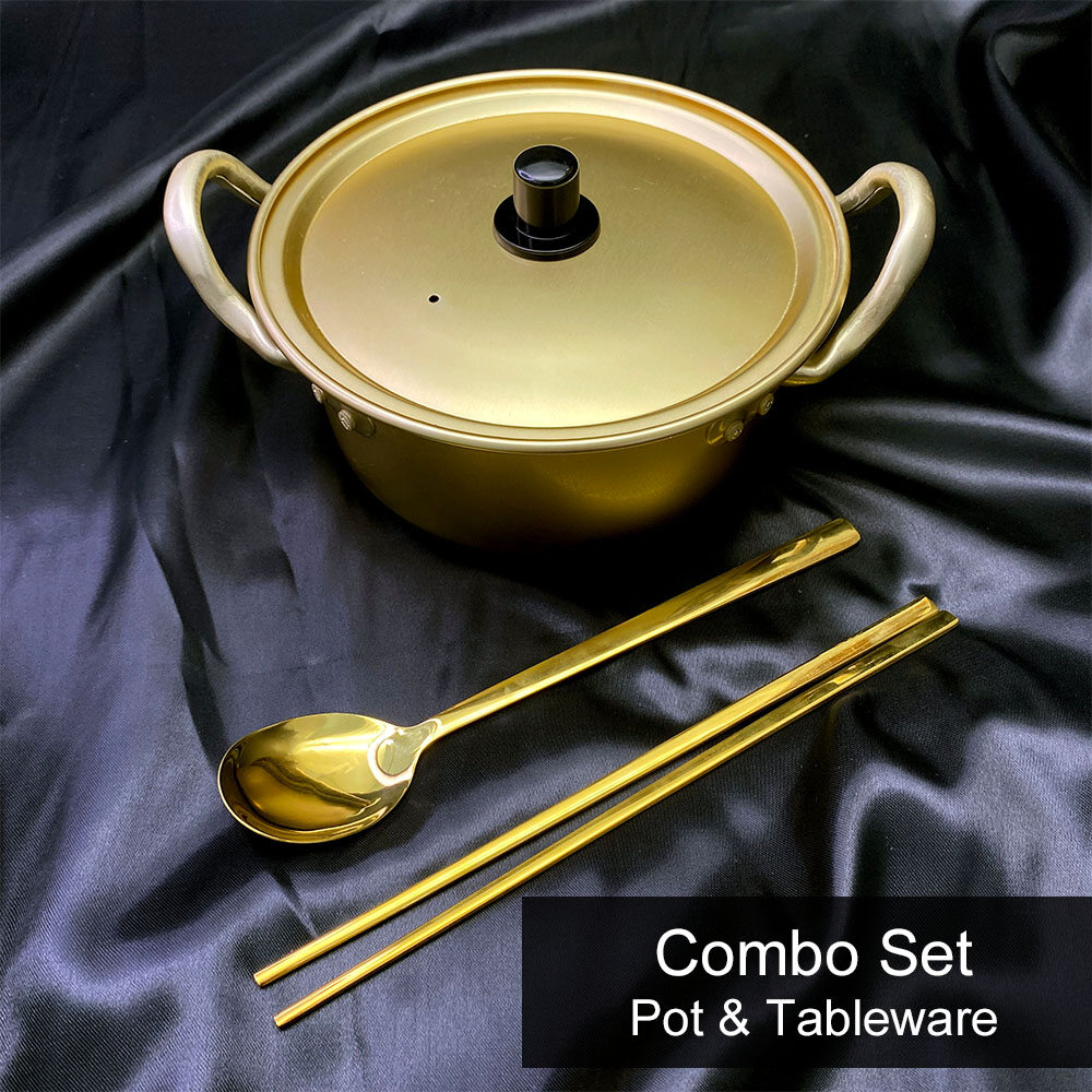 Korean Ramen Noodle Pot Bowl Gold Cup Mini Pot Spoon Chopsticks Gold ...