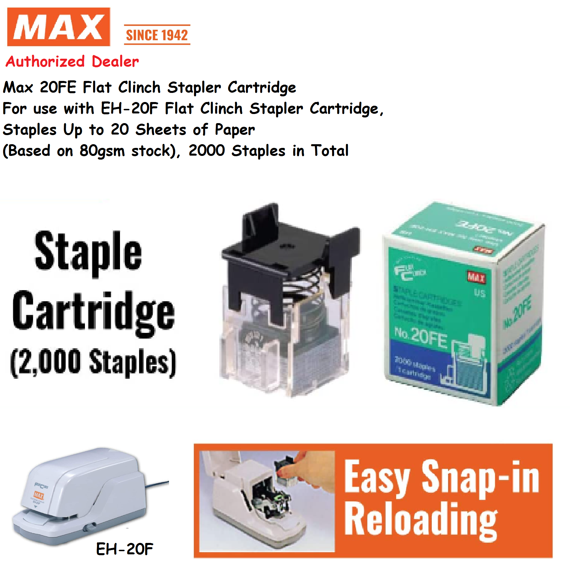 Max 20FE Flat Clinch Stapler Cartridge For Max EH-20F Flat Clinch Stapler (2000 Staples) Ubat ...