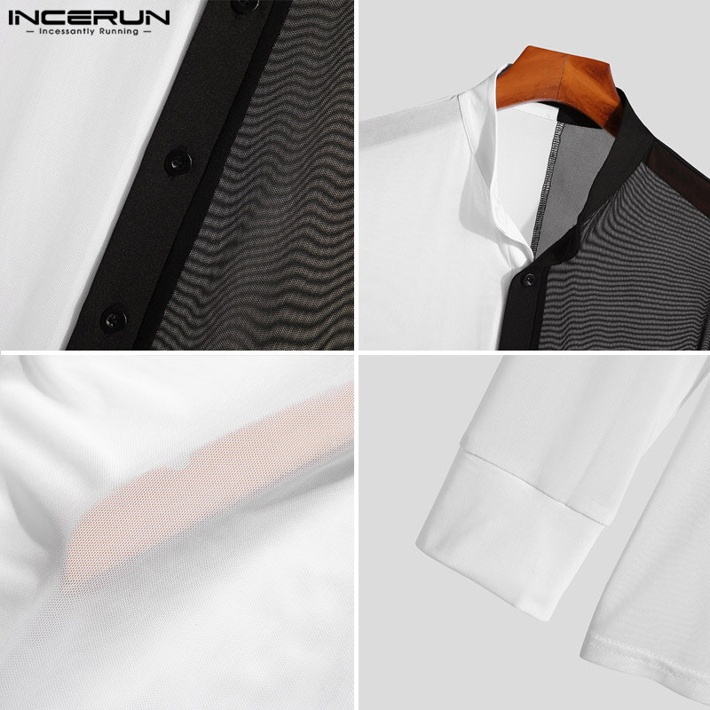 INCERUN เสื้อบุรุษแขนยาวซีทรูเย็บปะติดปะต่อกันเสื้อลำลองพอดีปุ่มลง ...