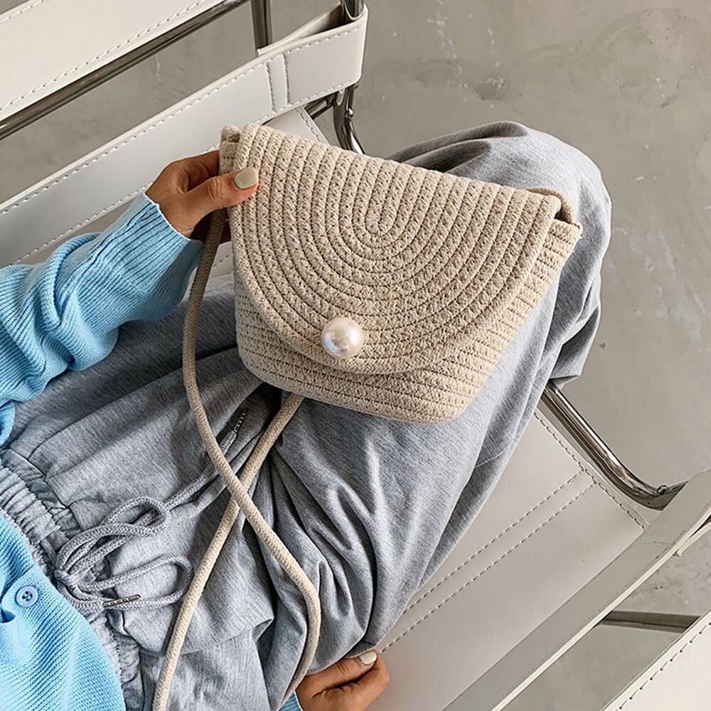 CHGBIH SHOP Travel Casual Handbag Shoulder Bag Woven Beach Bag Pearls ...