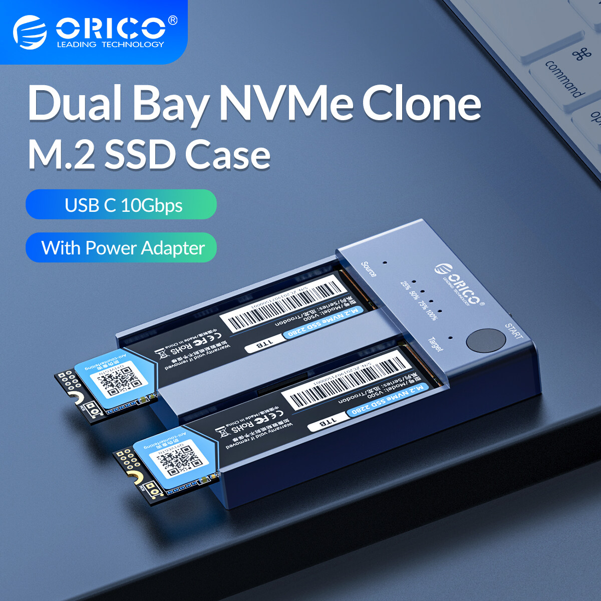 ORICO Dual-Bay NVME Docking Station ORICO Tool-Free Type C to NVME SSD Enclosure for M Key PCIe ...