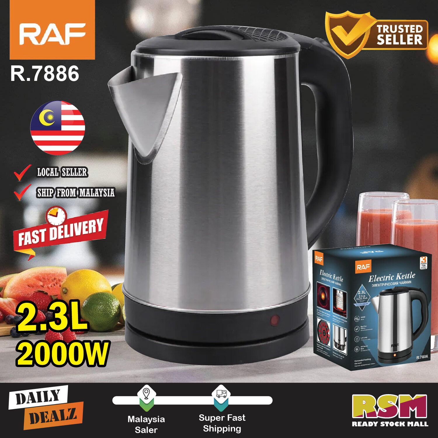 RAF 2.3L Cordless Electric Jug Kettle 2000W Fast Boiling 360° Rotating ...
