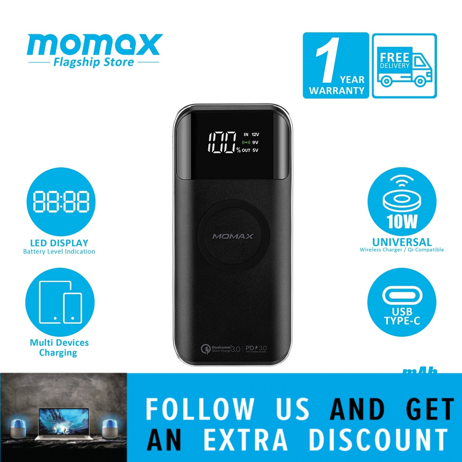 Momax IP92D Power Air 2+ Wireless Power Bank With LED Display (20000mAh ...