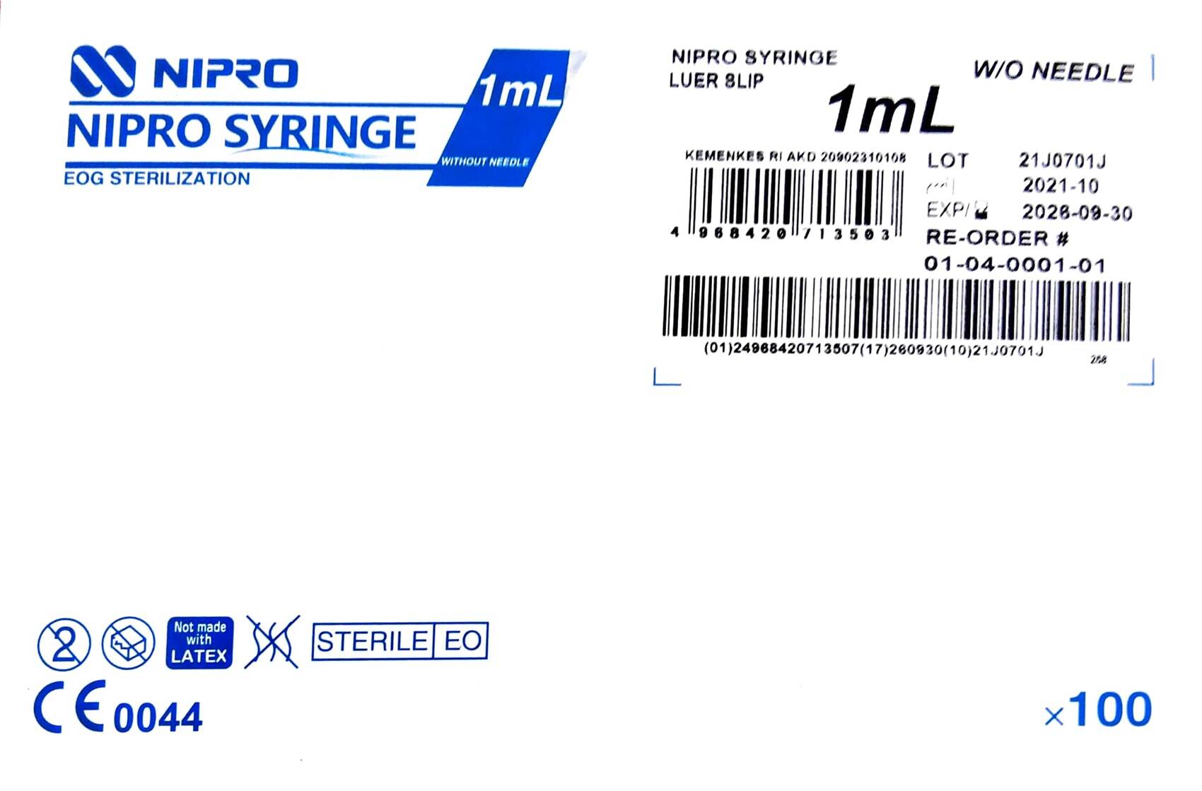 NIPRO SYRINGE 1ML LUER SLIP 100'S - EXPIRY 2027 | Lazada