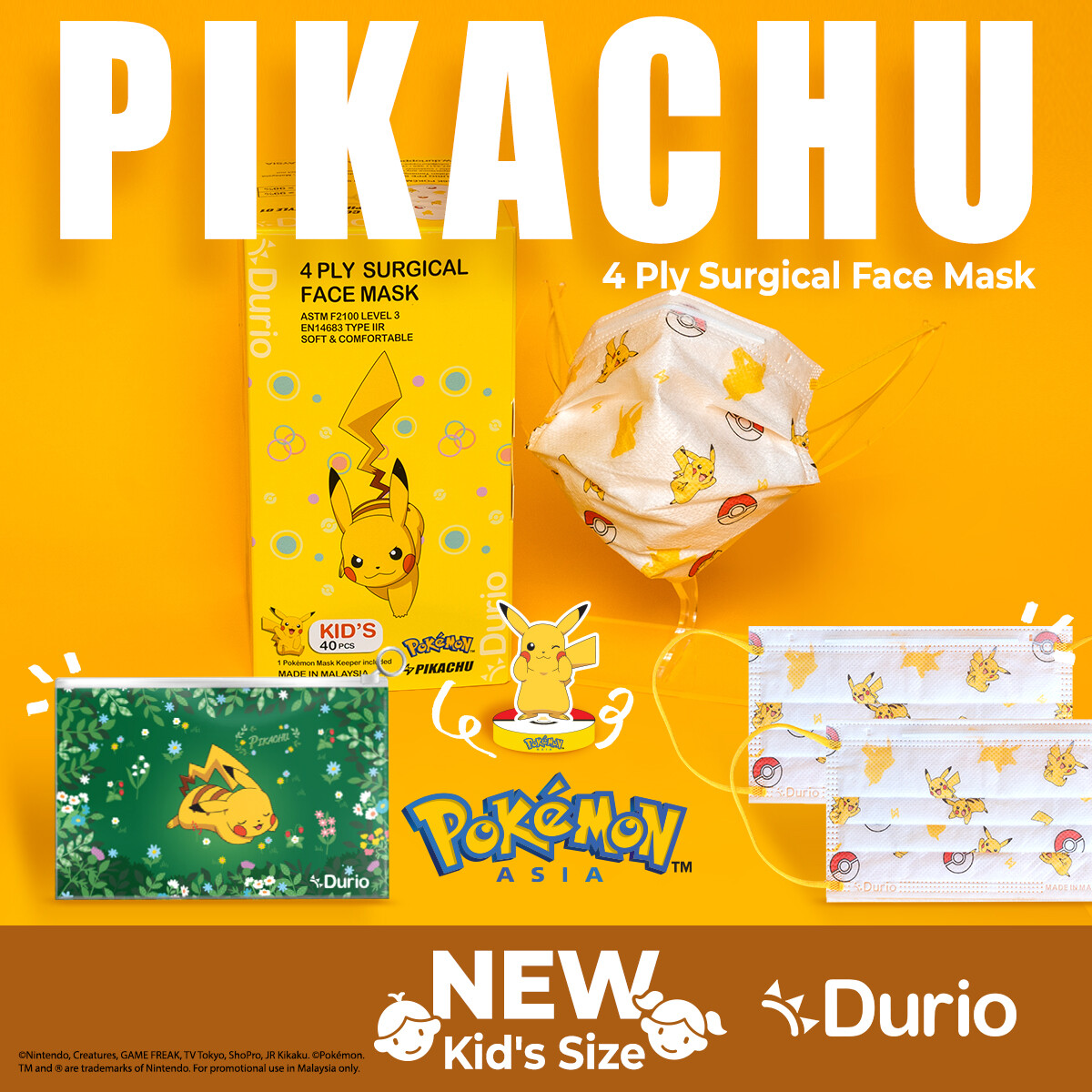 Durio 546 Kid's Pokémon 4 Ply Surgical Face Mask (Pikachu / Charmander ...