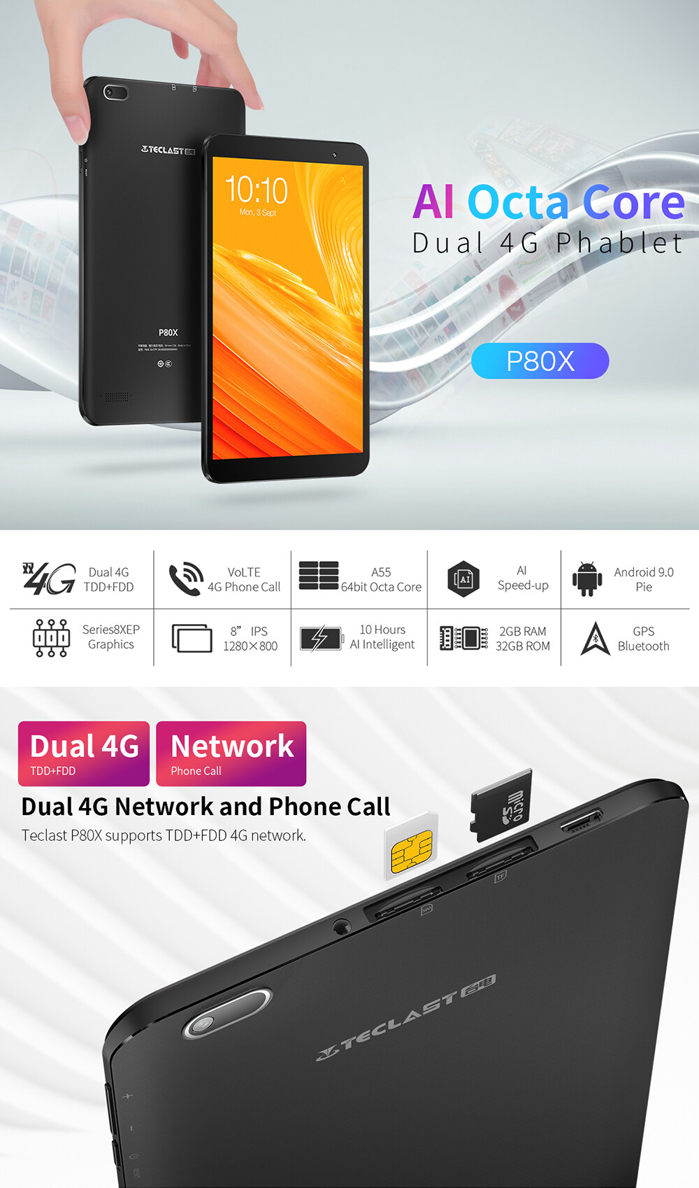 Teclast P80X SC9863A Octa Core 2GB + 32GB Dual 4G LTE 8 Android 9.0แท็บเล็ตอื่นๆพื้นที่รุ่น/รุ่น ...