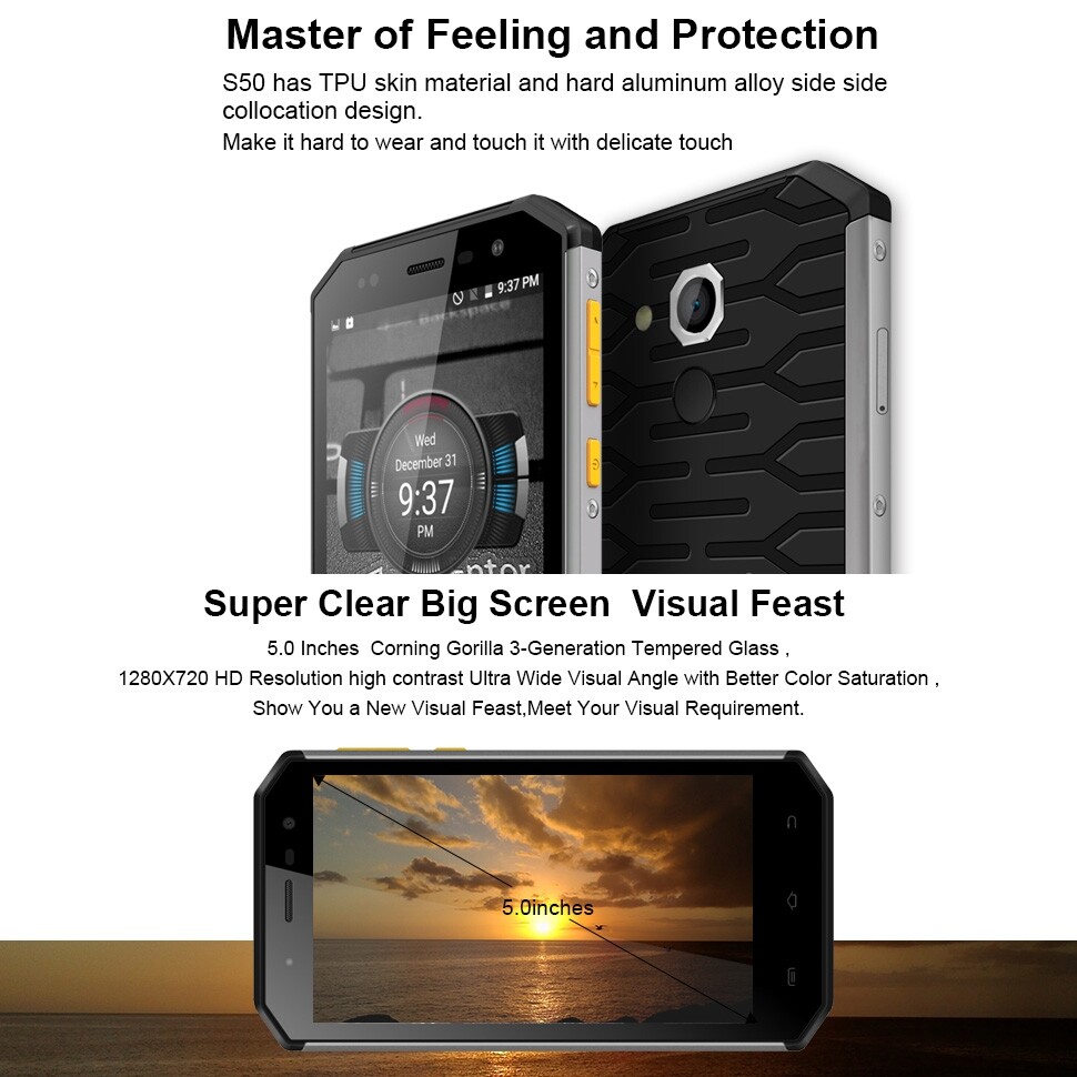 E & L S50, 3GB + 32GB, IP68กันน้ำกันกระแทกป้องกันฝุ่น,ลายนิ้วมือ,5.0นิ้ว Android 6.0 MTK6753 ...