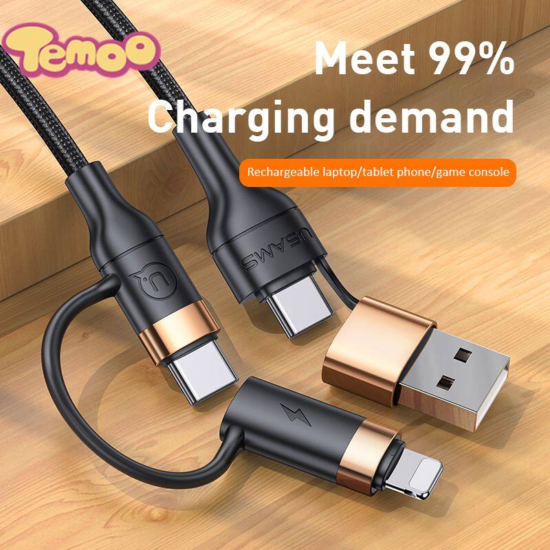 Temoo สายชาร์จเร็ว4-In-1 PD,สายชาร์จอะไหล่สายชาร์จ Type-C สองหัวสำหรับ IPhone 12 Pro Max Xiaomi ...