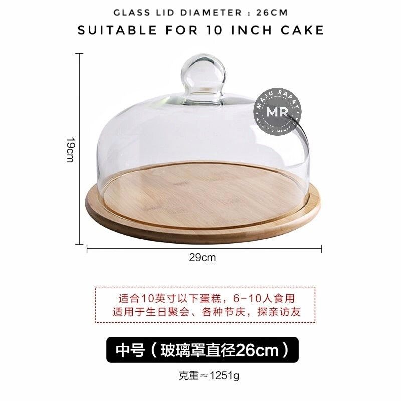 Ready Stock 🇲🇾PREMIUM Wood Cake Platter with Glass Dome Cover Lid High ...