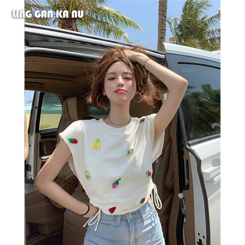 LING GAN KA NU เสื้อครอปไอจี 2022 ฤดูร้อนใหม่เกาหลีแฟชั่นผู้หญิงเย็บปัก ...