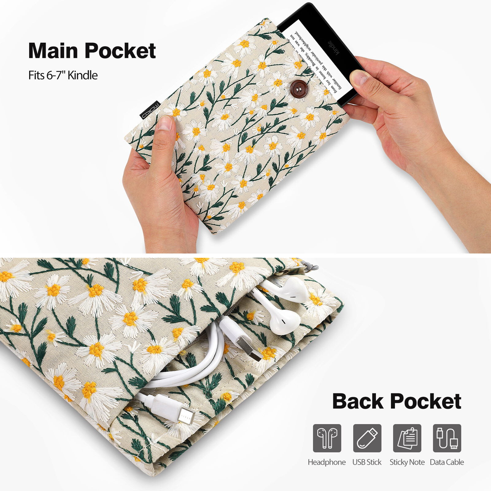MoKo 6-7 Inch Embroidered Daisy Padded Sleeve Pouch for Kindle 11th Gen ...