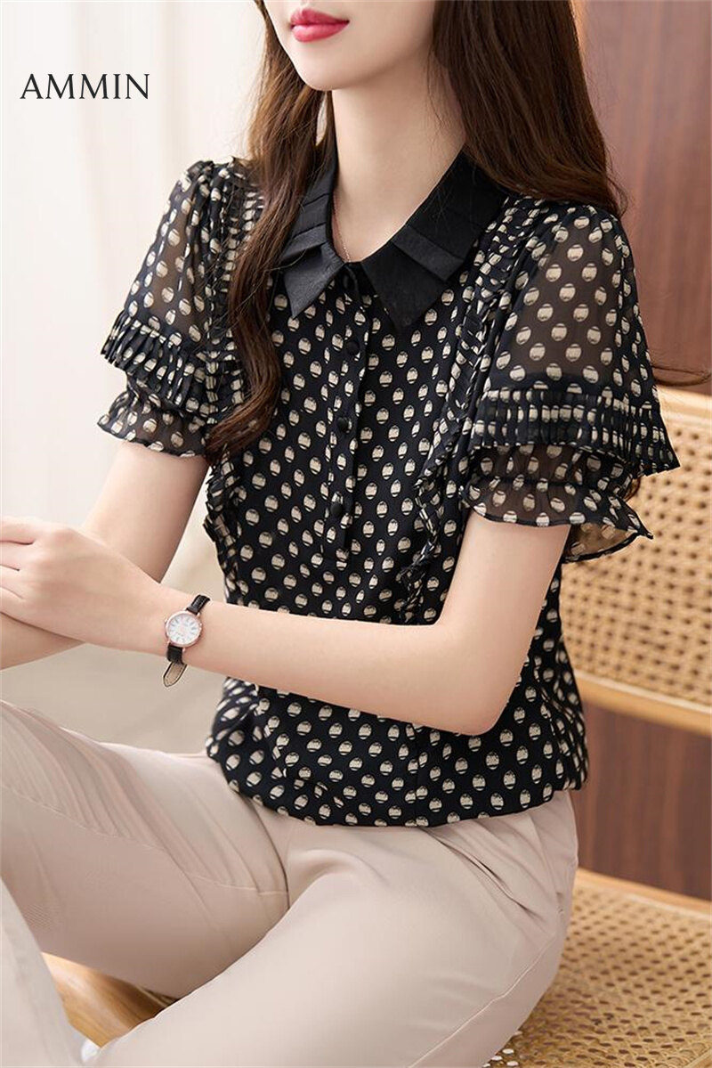 AMMIN สไตล์เกาหลีเอวและ Slim ตุ๊กตา Polka Dot Ruffled เสื้อชีฟอง2022 ...