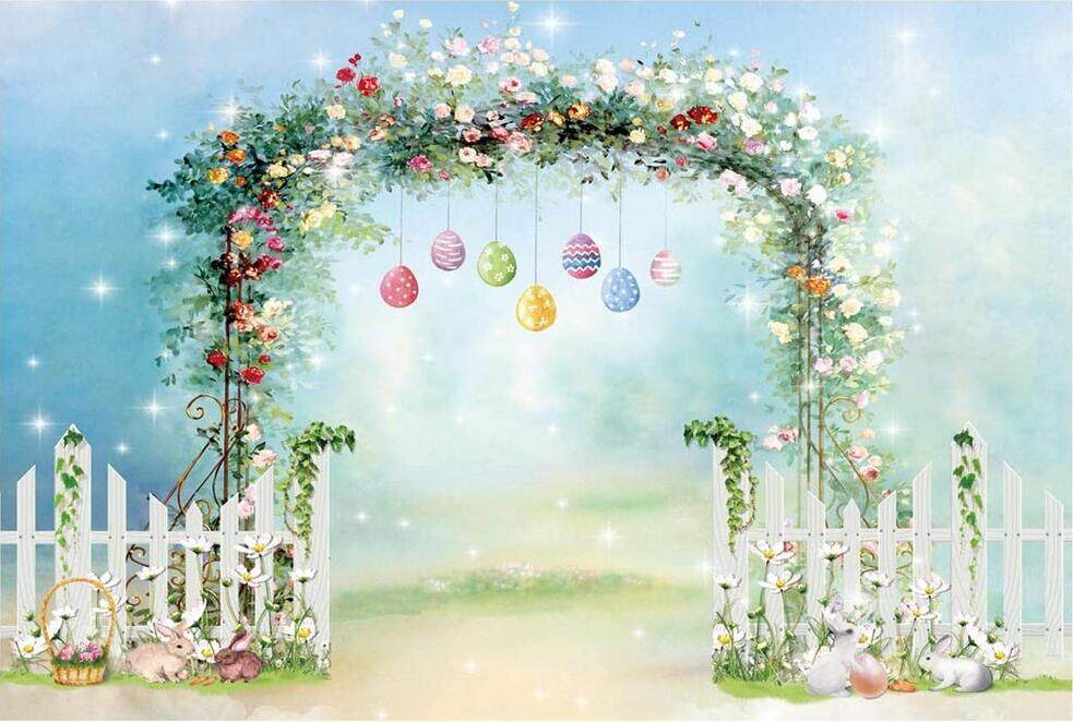 Spring Easter Floral Backdrop Pictures Bunny Colorful Eggs Fence Carrot ...