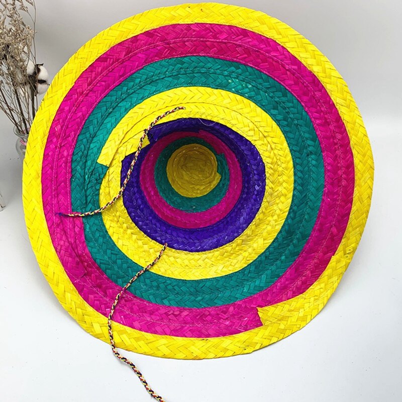 QZH 1PC หมวกเม็กซิกันไม้ไผ่สานหมวกฟางหมวกว่ายน้ำ Party Pompom หมวกฟางสี ...