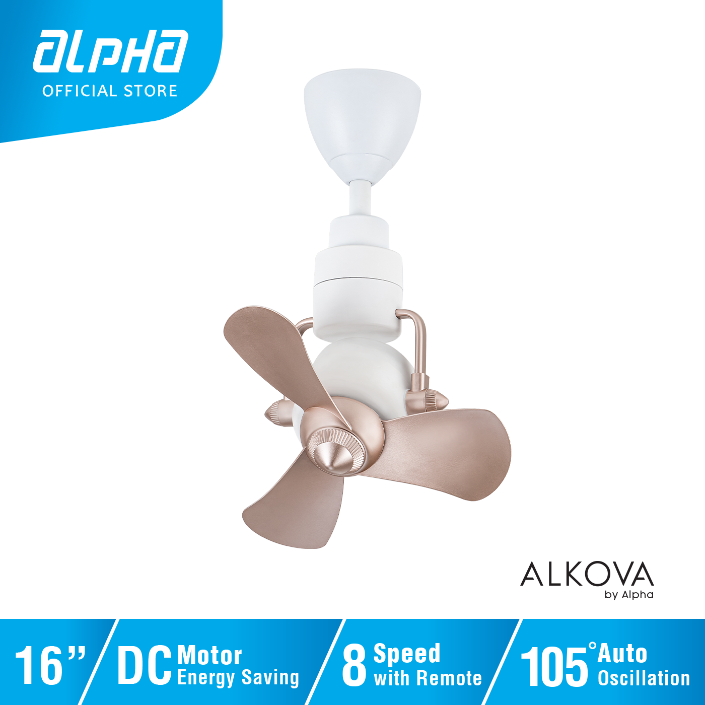 ALPHA Alkova - KONA 16 Inch DC Motor - Ceiling & Wall Fan with 3 Blades ...