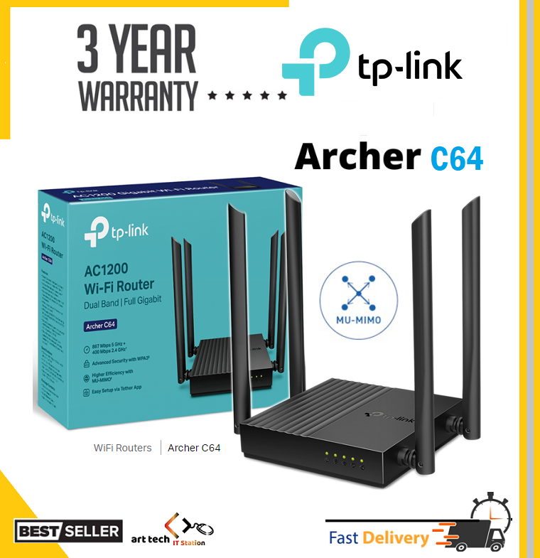 TP-LINK ARCHER C64 MU-MIMO WAVE 2 GIGABIT AC1200 WIRELESS WIFI ROUTER ...