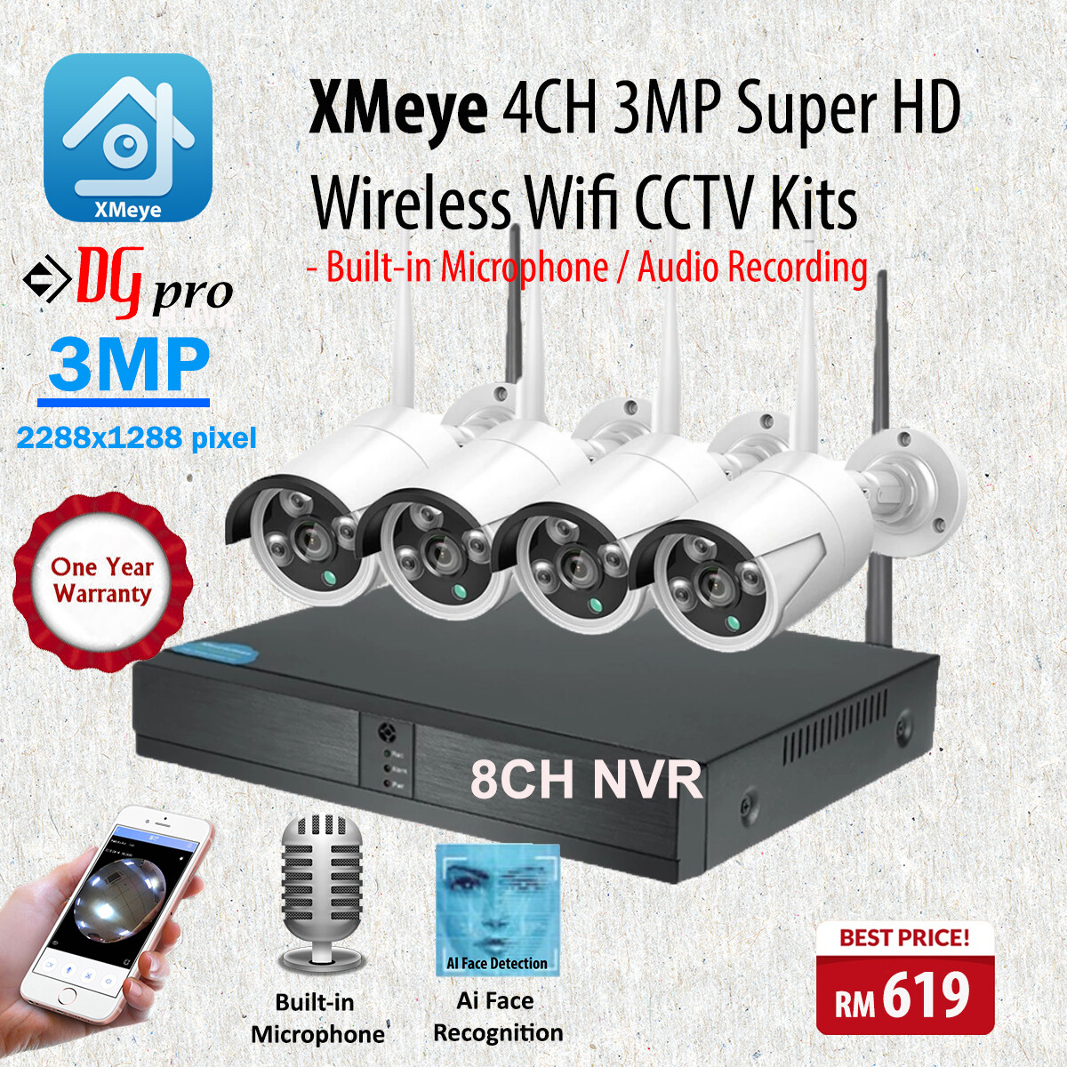 XMeye 4CH 3MP 2288x1288 Pixel Wileless Wifi CCTV Kits - Free Upgrade to ...