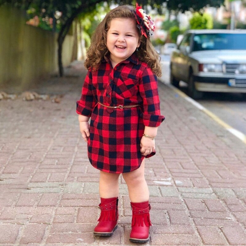 Babymmall Summer Casual Baby Girls Plaid Pattern Long Sleeve Dress Kids ...
