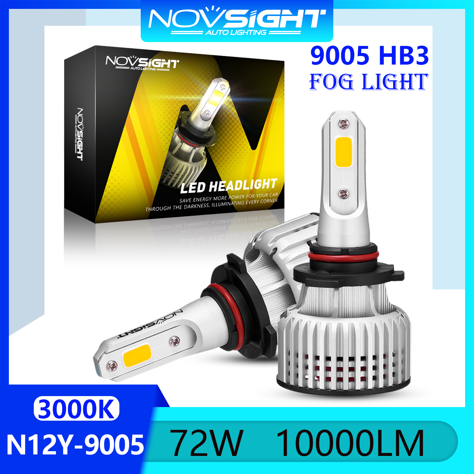 3000K Yellow Light Fog Lights Novsight N12Y 9005 HB3 LED Headlamp Bulbs ...