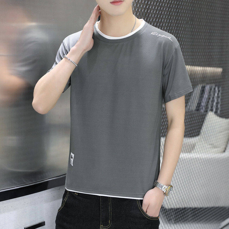 Men's Short Sleeve T-Shirt Trend Round Neck Korean Style Loose Men's Casual Bottoming Shirt Top ...